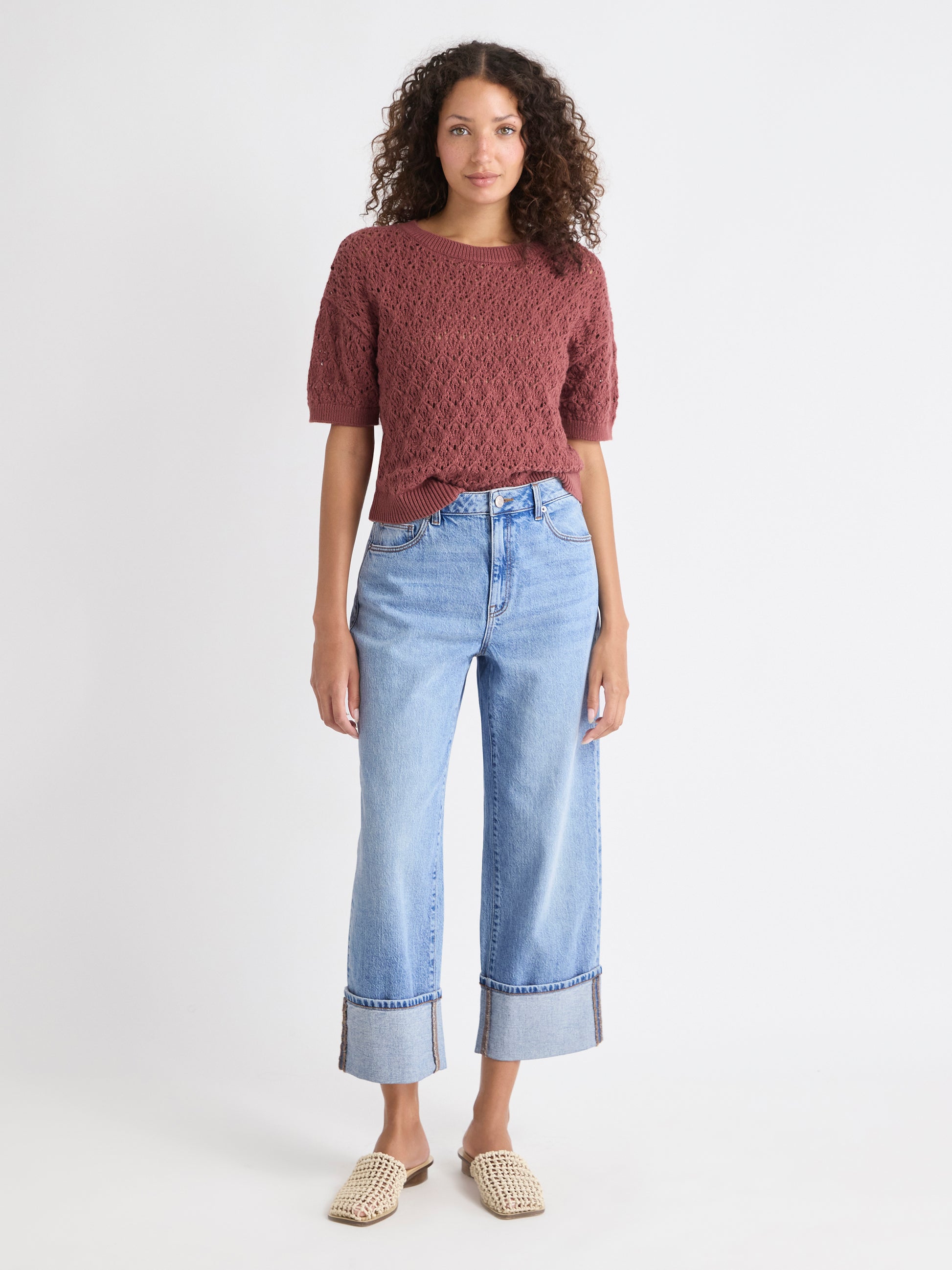 Jeans à Délavé Moyen à Taille Très Haute et Jambe Droite avec Ourlets ...