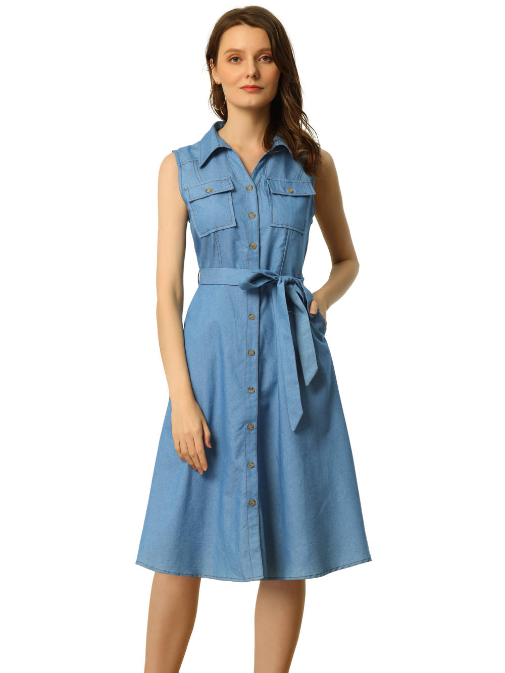 Allegra K - Robe trapèze en chambray boutonnée avec ceinture - Rwco