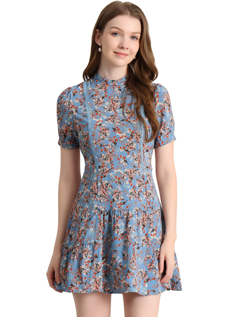 Allegra K- robe florale manches courtes Self cravate Mini robes - Rwco