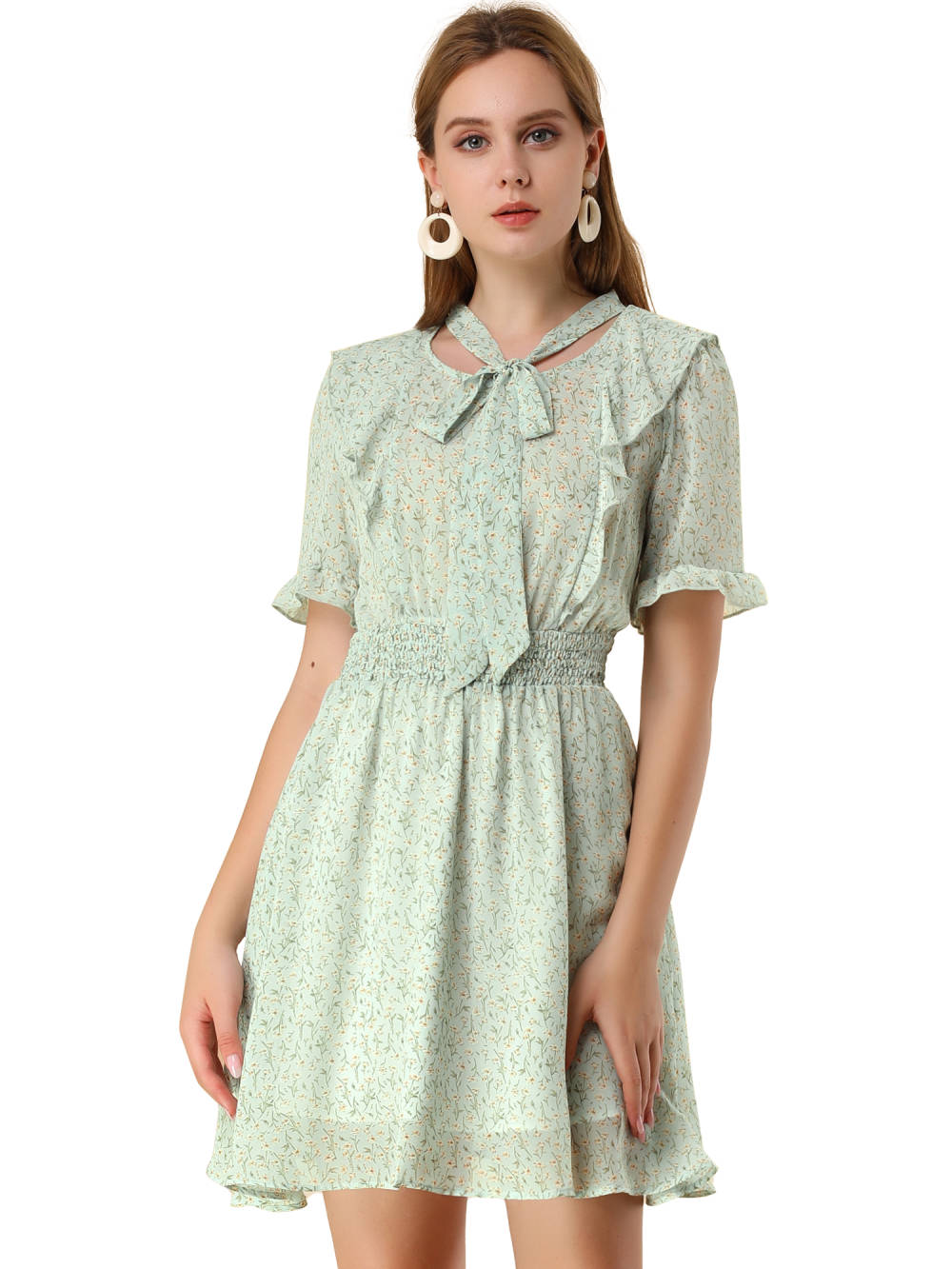 Allegra K- robe en mousseline Smocked à col cravate - Rwco