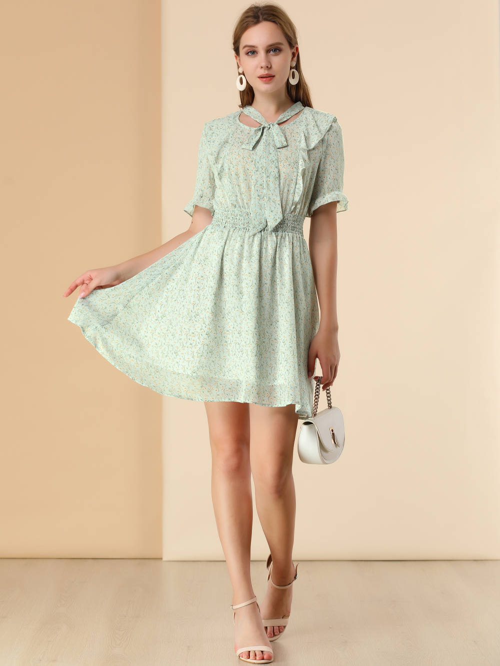 Allegra K- robe en mousseline Smocked à col cravate - Rwco