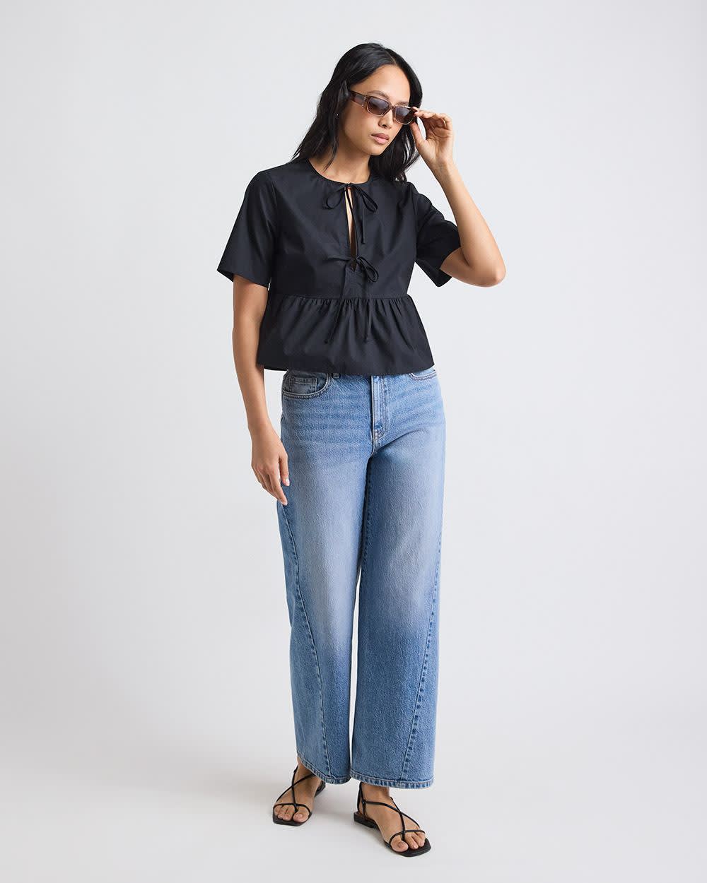 Blouse Péplum à Manches aux Coudes avec Rubans à Nouer | RW&CO.