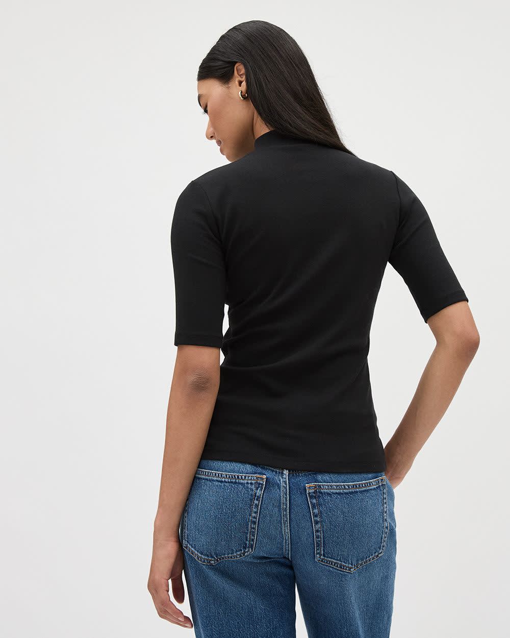 Elbow-Sleeve Mock-Neck Fitted Ribbed Tee | RW&CO.