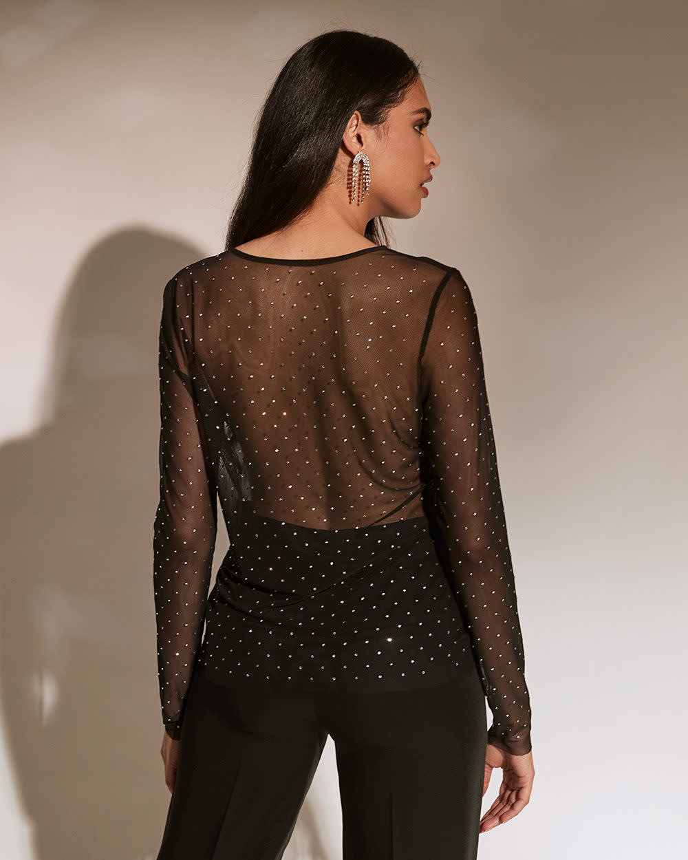 Long Sleeve Beaded Mesh Crew-Neck Top | RW&CO.