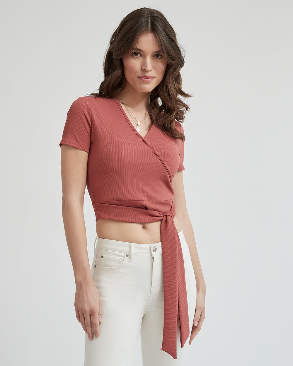Short-Sleeve Ribbed Top with Wrap Neckline | RW&CO.