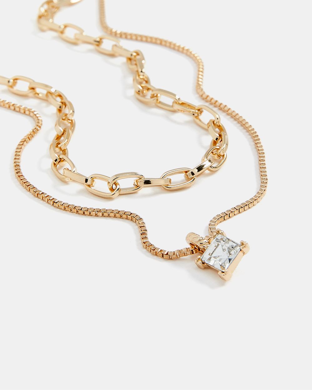 Short Two-Chain Necklace with Large Rhinestone Pendant | RW&CO.