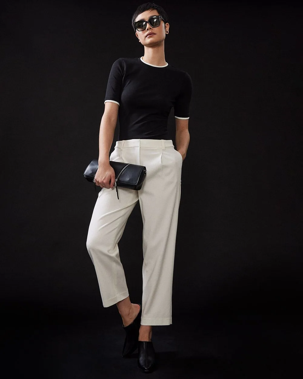 Colour-Blocked Elbow-Sleeve Crew-Neck Fitted Ribbed Tee | RW&CO.