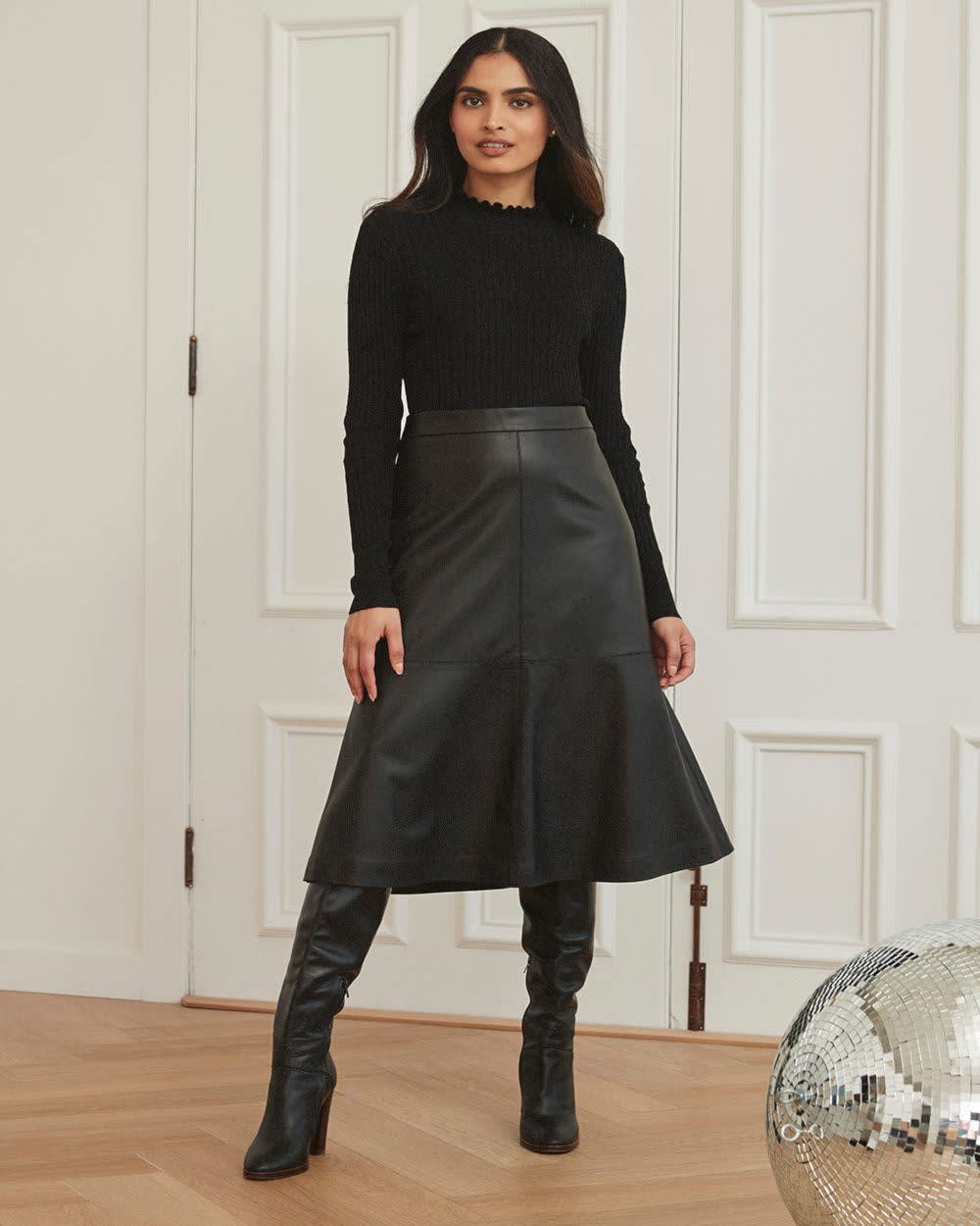 Faux Leather High-Waist A-Line Midi Skirt | RW&CO.