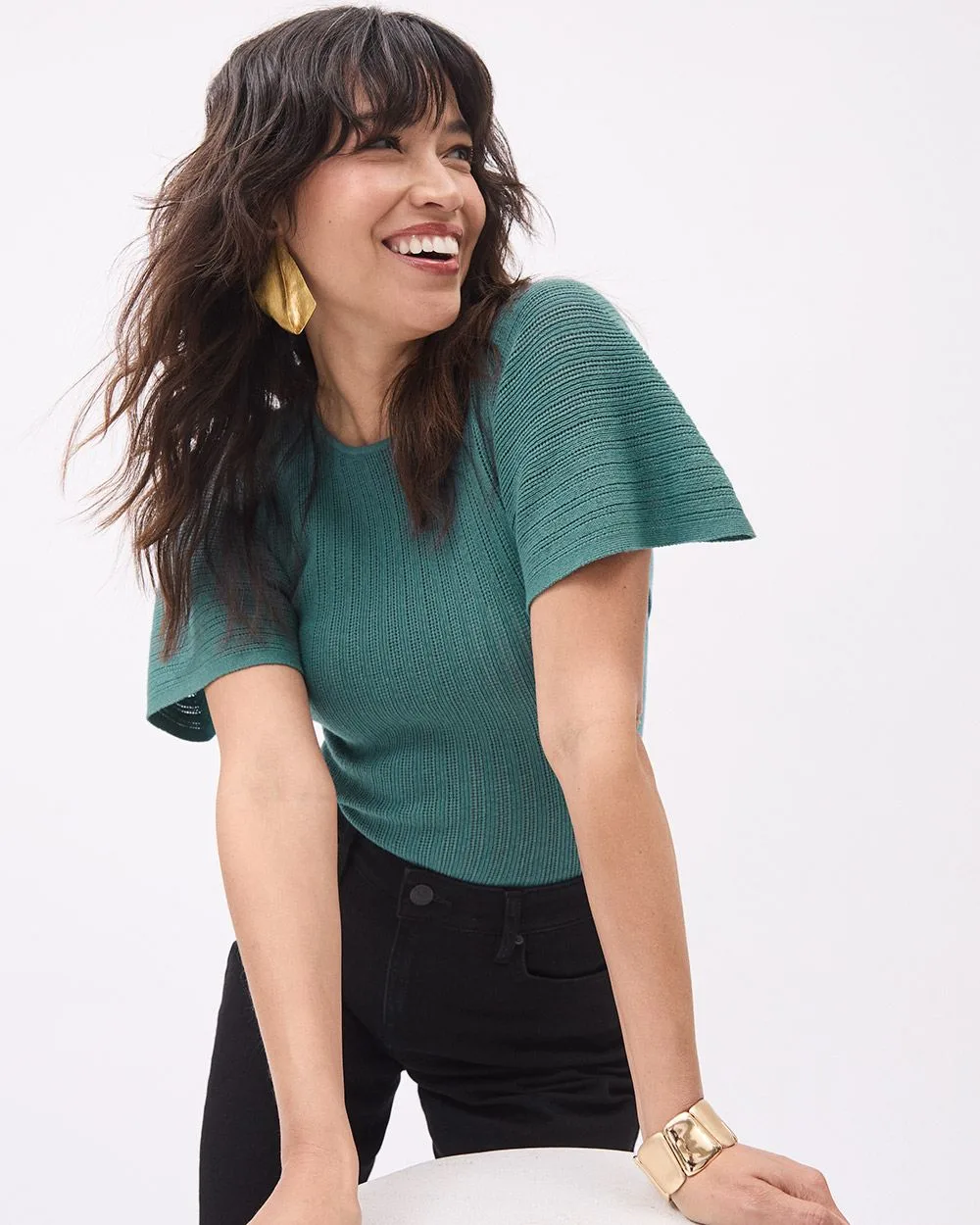 Short-Flutter-Sleeve Sweater with Pointelle Stitches | RW&CO.